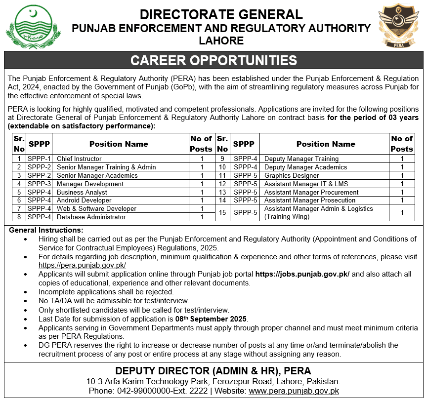 PUNJAB ENFORCEMENT AND REGULATORY AUTHORITY LAHORE (PERA) - job4pak.com